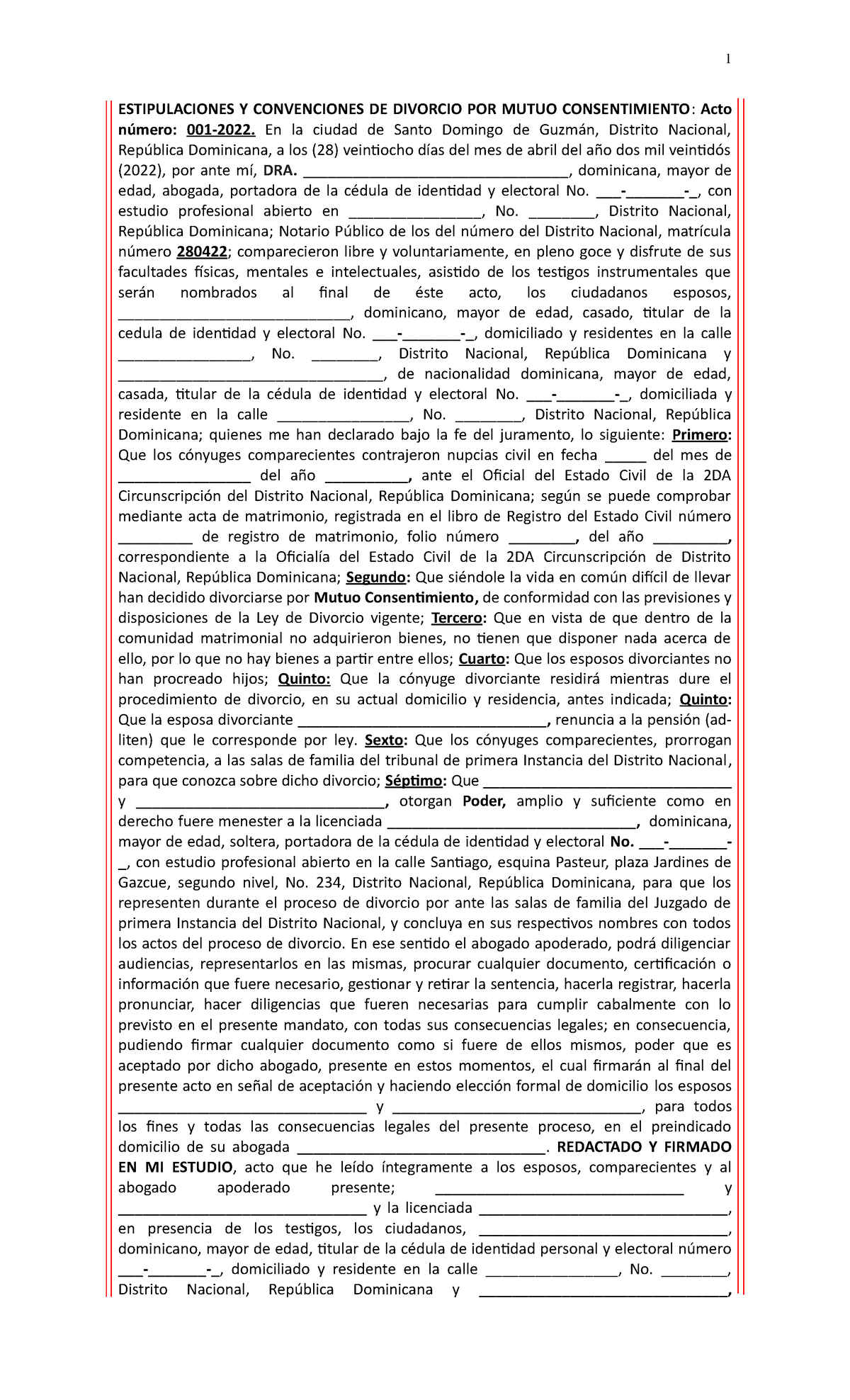 Modelo de Estipulaciones y Convenciones de Divorcio Mutuo ...
