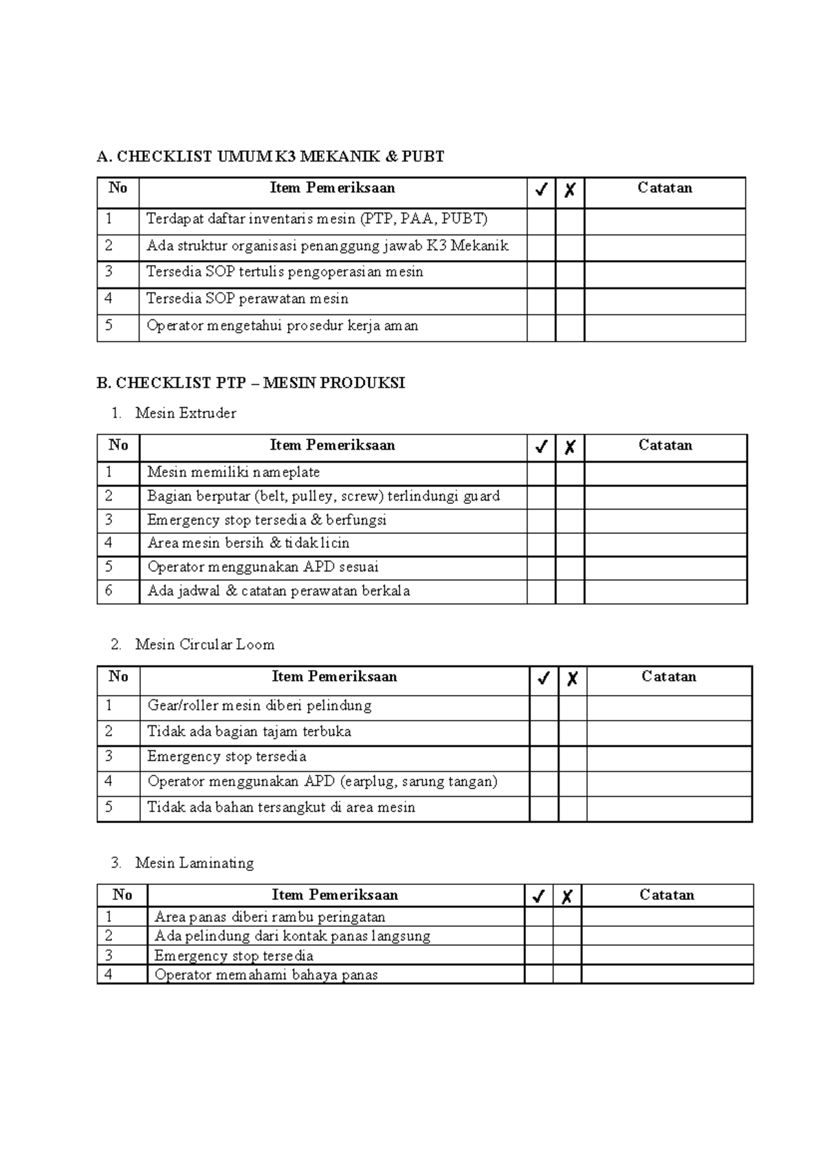 Daftar Checklist K3 Mekanik dan PTP Mesin Produksi - Studocu