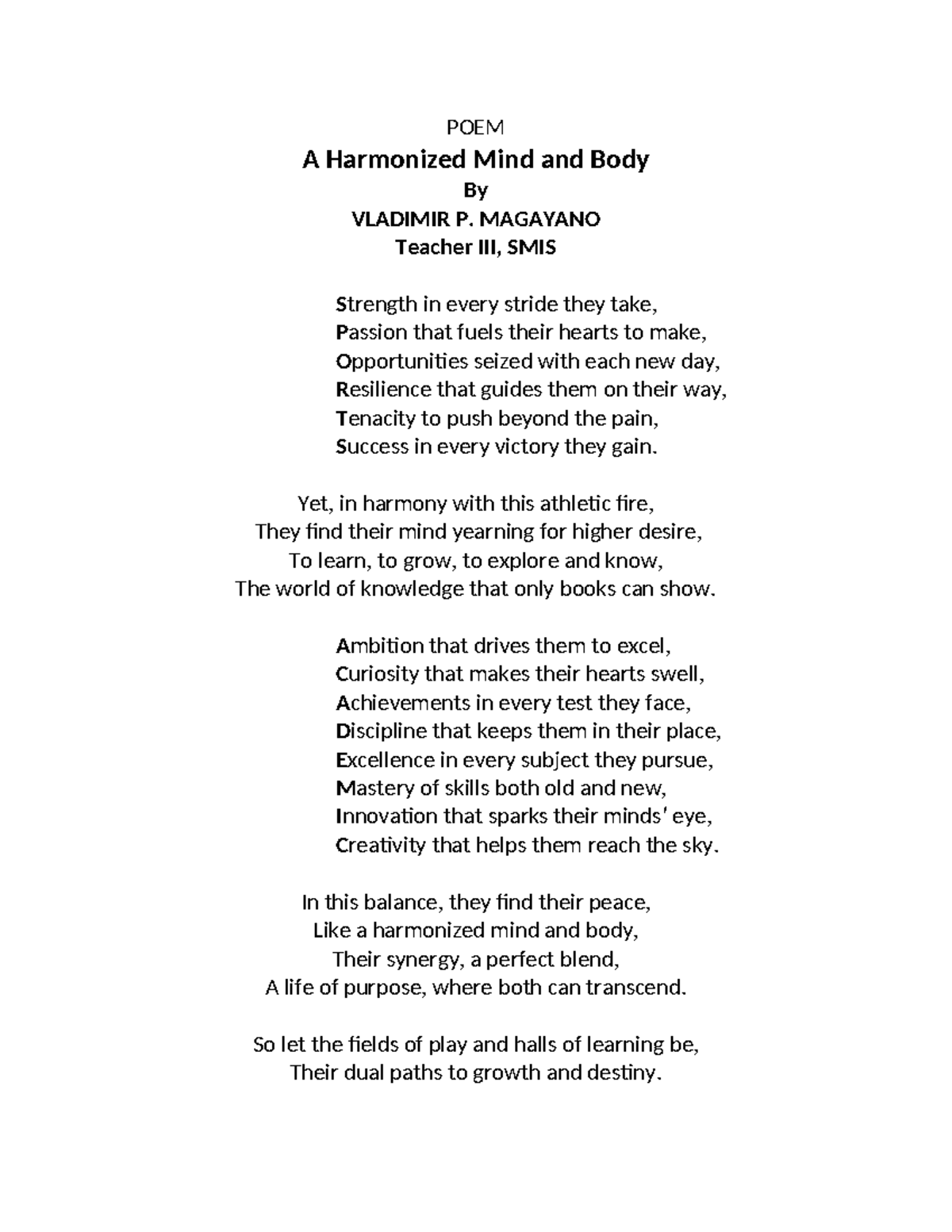 POEM: A Harmonized Mind and Body - VLADIMIR P. MAGAYANO - Studocu
