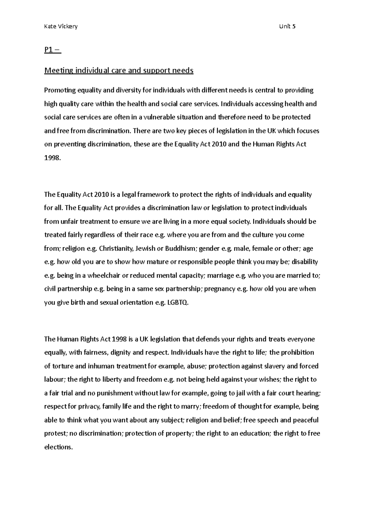 Unit 5 - Paragraphs - Coursework - P1 – Meeing individual care and ...