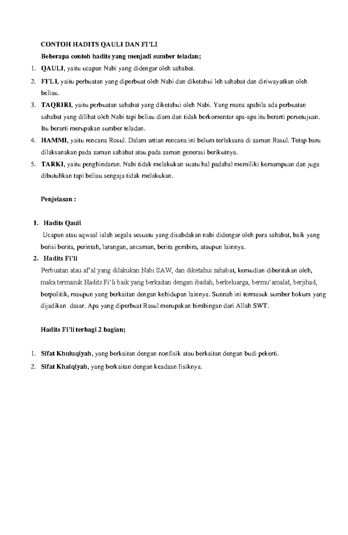 Contoh Hadits Qauli dan Fi'li: Panduan Sumber Teladan Islam - Studocu