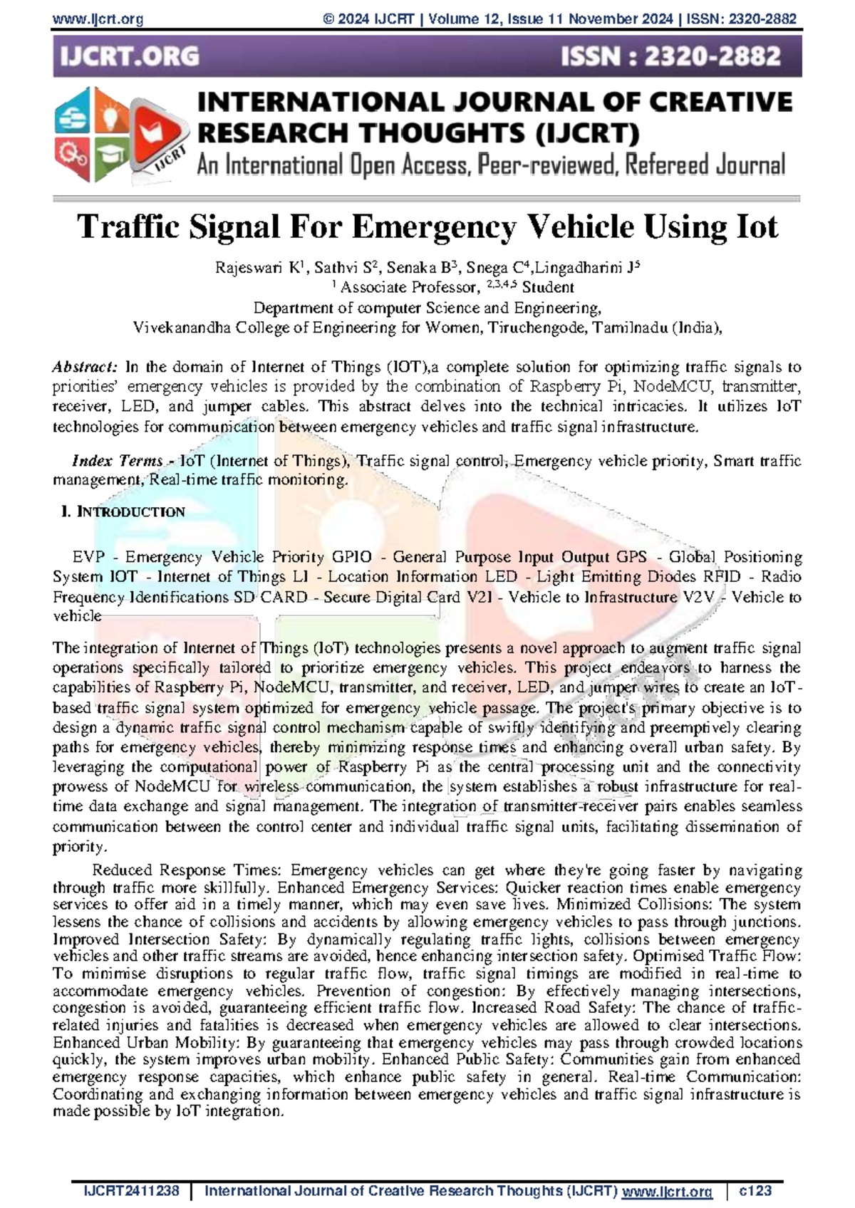 IoT-Based Traffic Signal Control for Emergency Vehicles (IJCRT2411238 ...