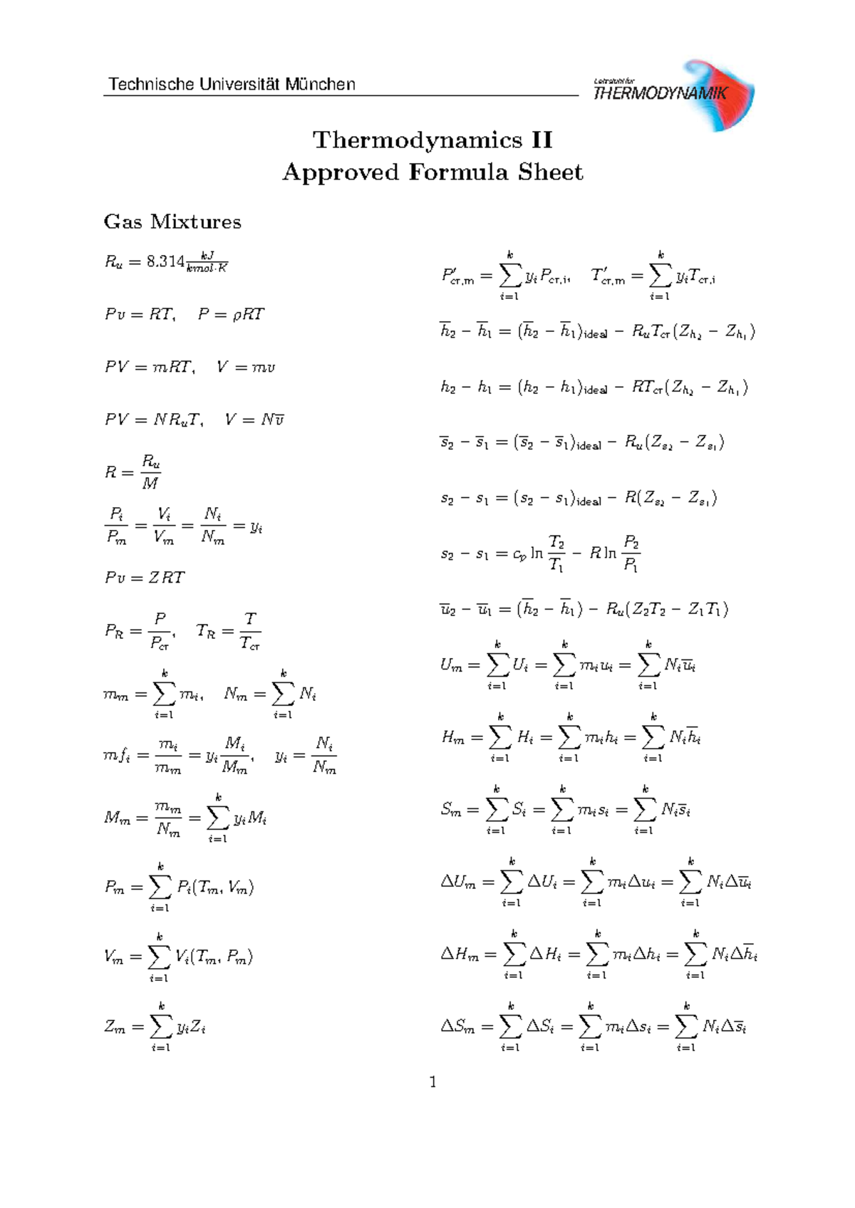 Thermodynamics II (THERM) Approved Formula Sheet for Gas Mixtures - Studocu