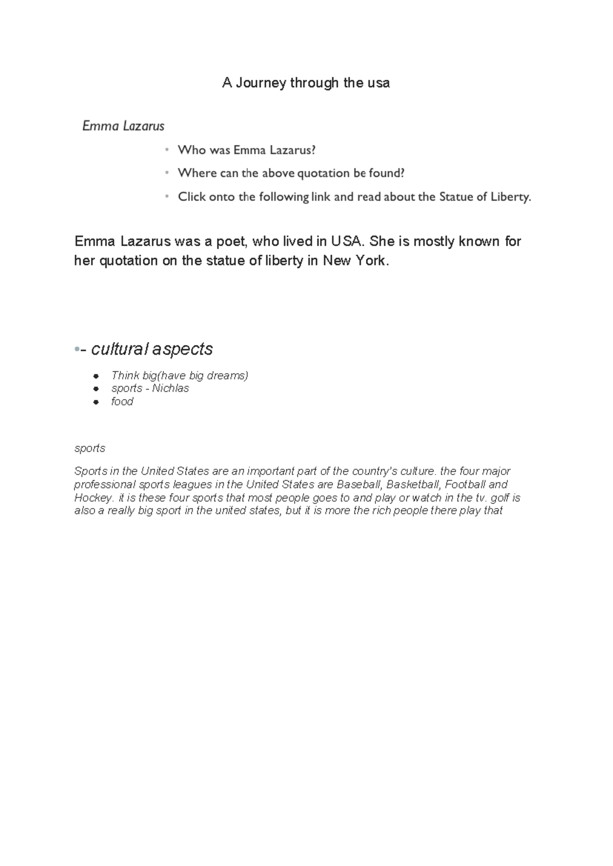 Cultural Aspects of Sports in the USA: A Study on Emma Lazarus - Studocu