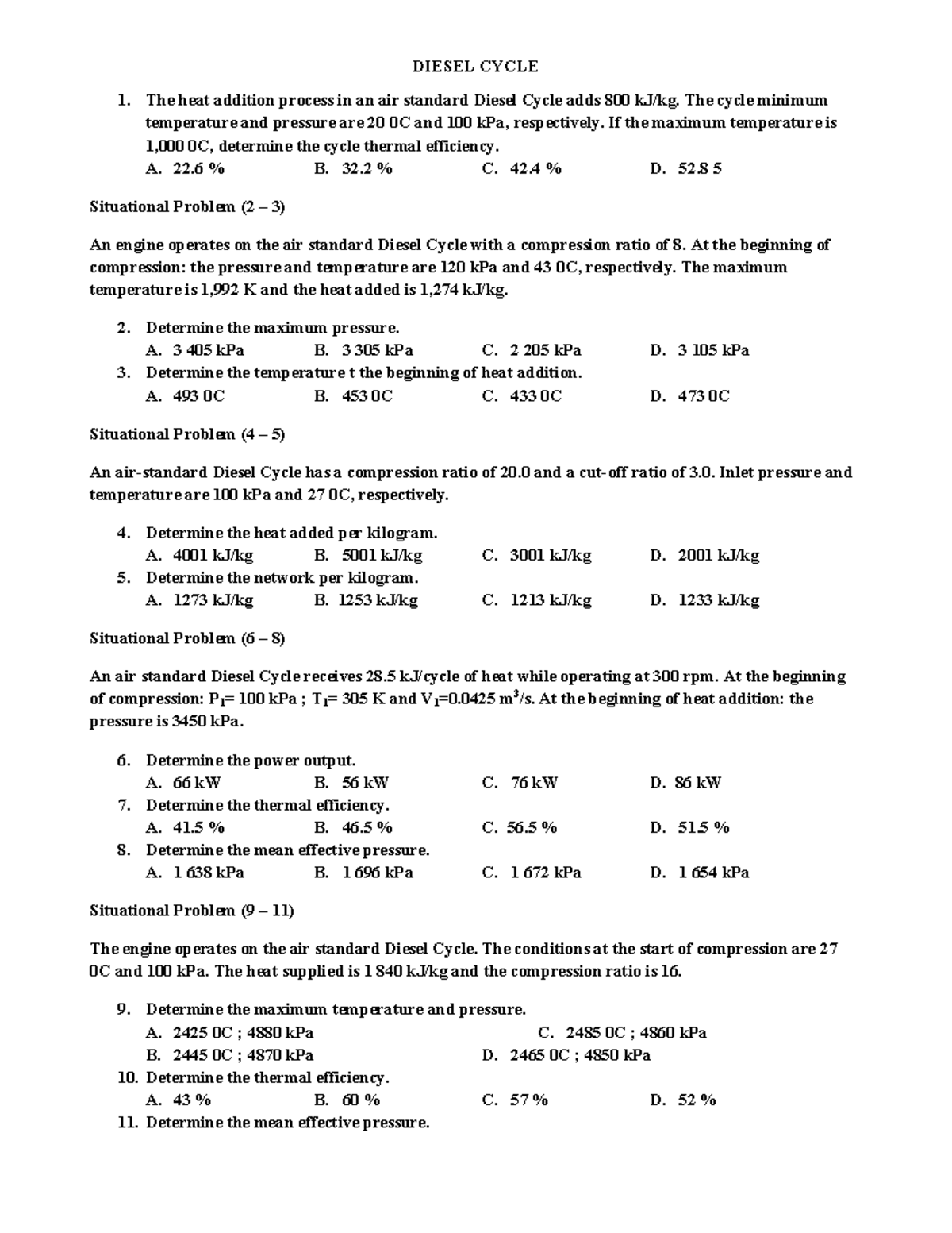 Diesel Cycle Sample Problems and Solutions (ENGR 101) - Studocu