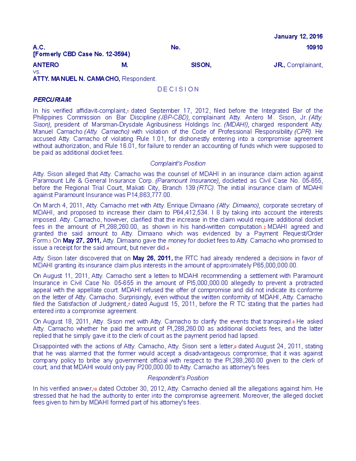 Case Study: Atty. Sison vs. Atty. Camacho - Disbarment Decision - Studocu