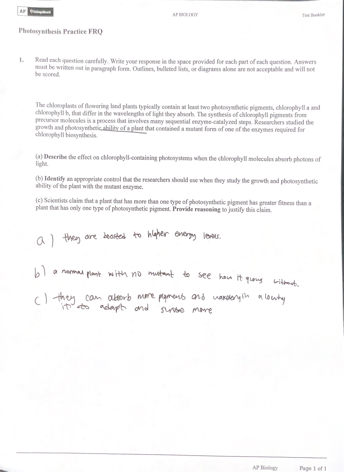 Frq - ap bio - AP AP BIOLOGY Test Booklet Photosynthesis Practice FRQ 1 ...