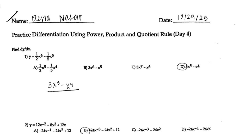 Hwk Practice: Differentiation Using Power, Product & Quotient Rule (D 4 ...