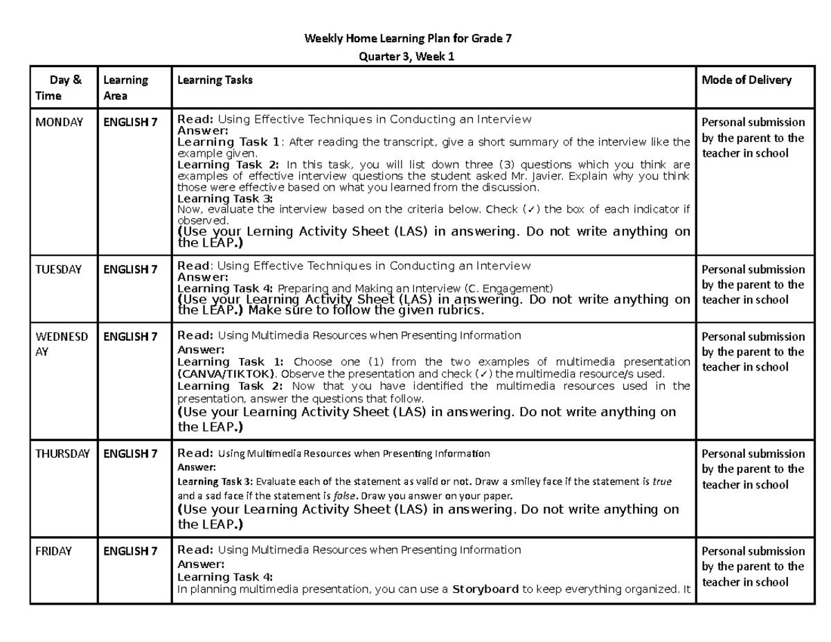 Weekly Home Learning Plan for Grade 7 Q W1W2 - Weekly Home Learning ...