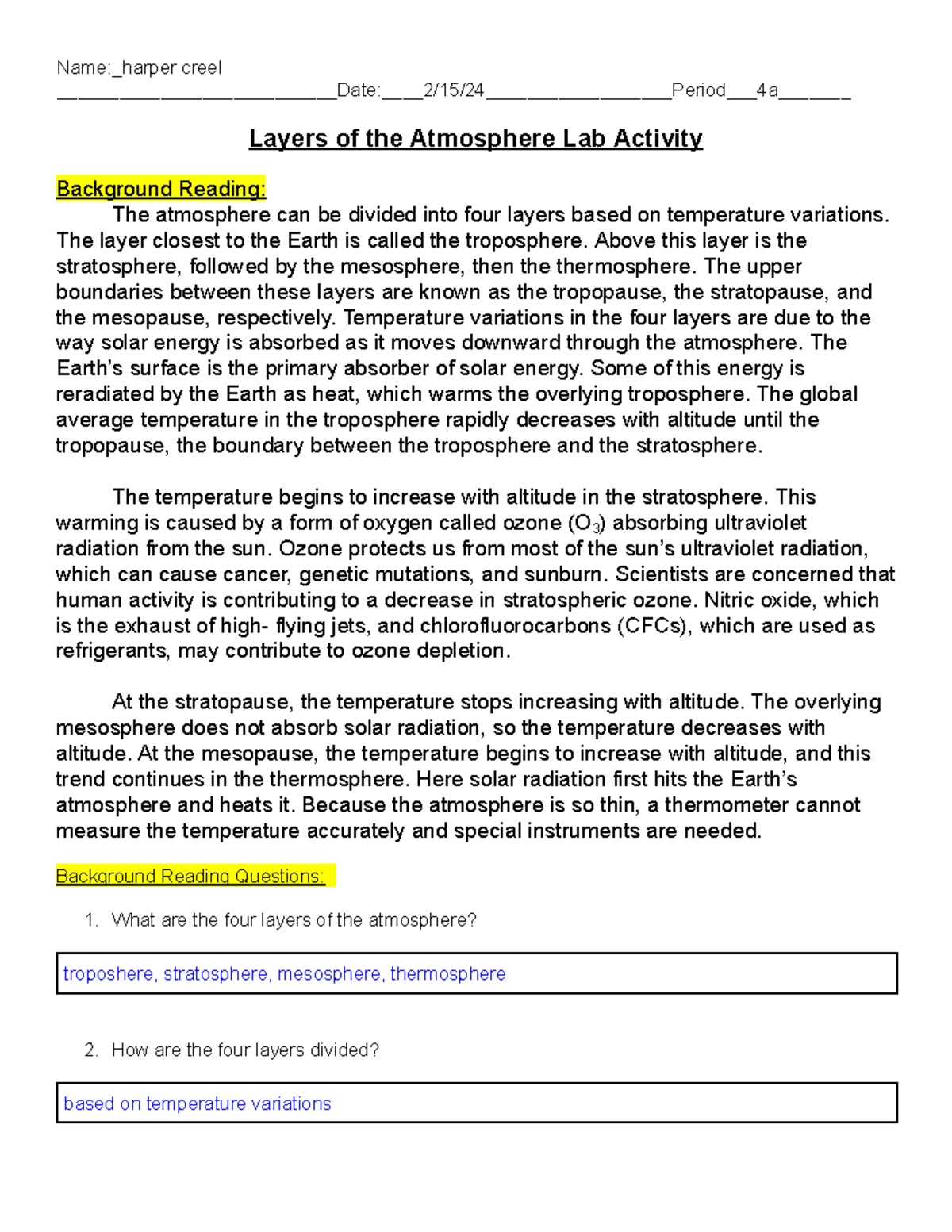 Layers of the Atmosphere Lab Activity (Date: 2/15/24, Period: 4a) - Studocu