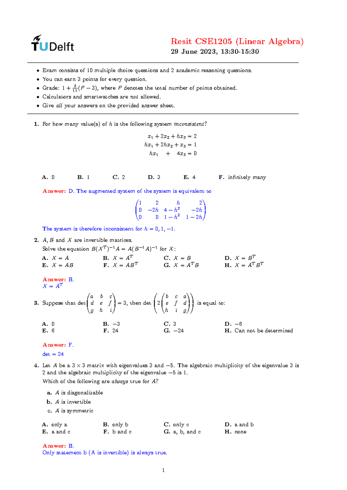 Resit CSE1205 Linear Algebra Answers and Solutions - Studeersnel