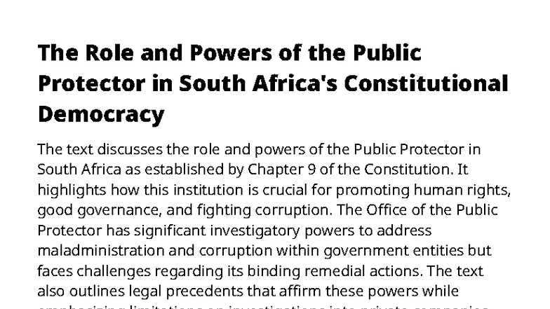 The Role & Powers of the Public Protector in SA's Const. Democracy ...