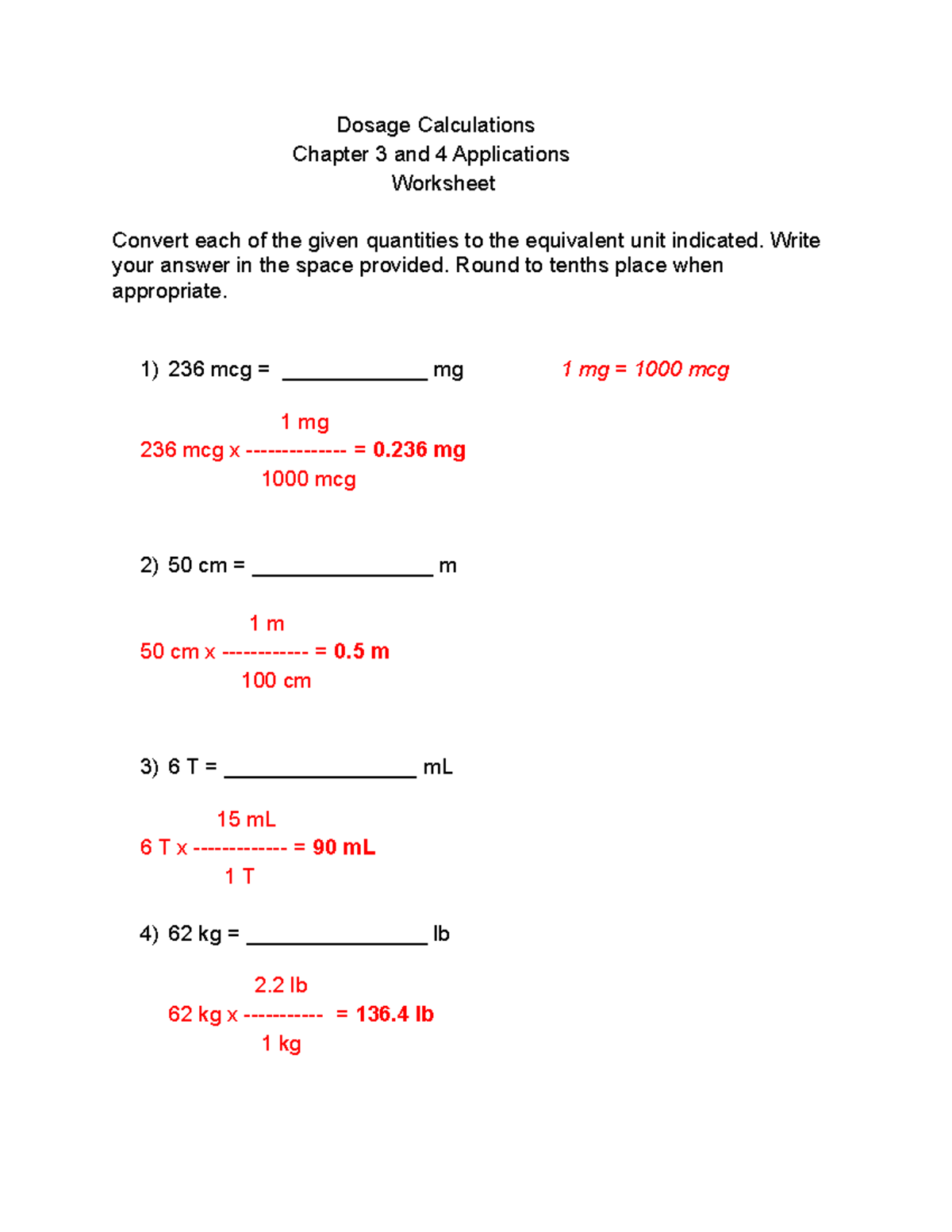 Dosage Calculations Worksheet Answers for Chapters 3 & 4 - Studocu