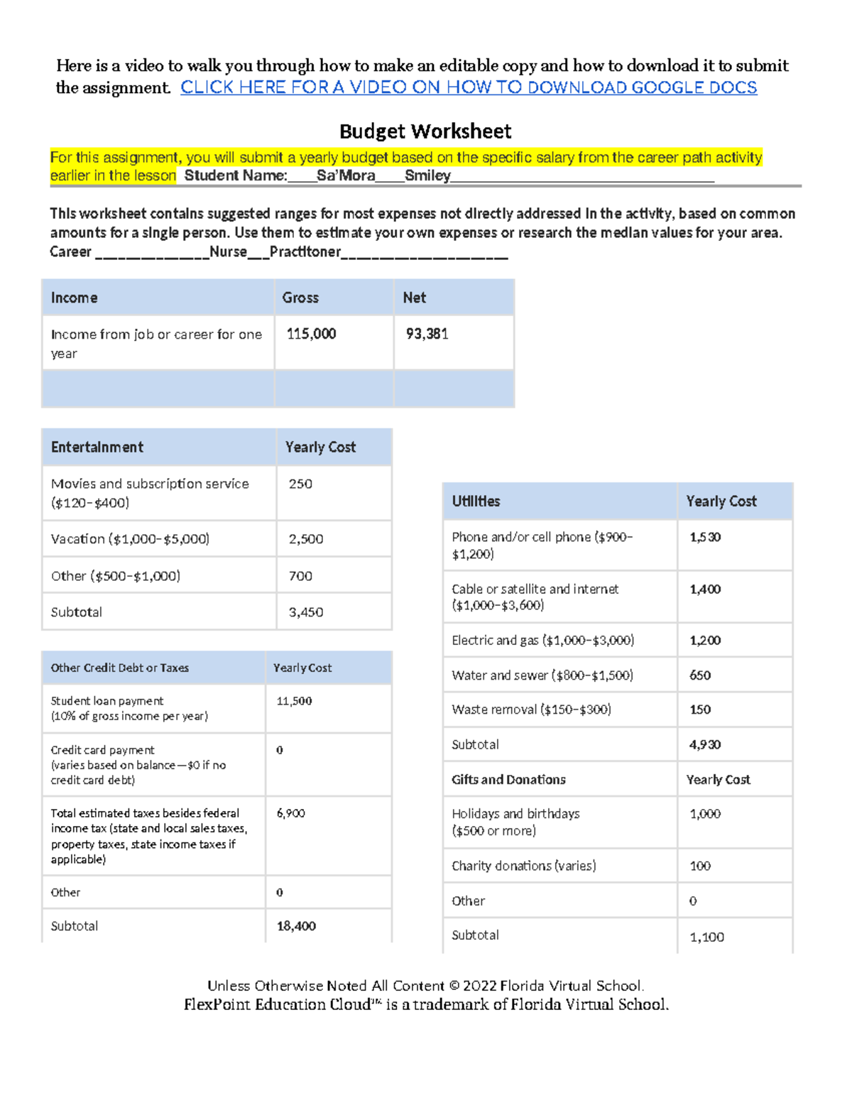 Editable Budget Worksheet for NP Career Planning Assignment - Studocu