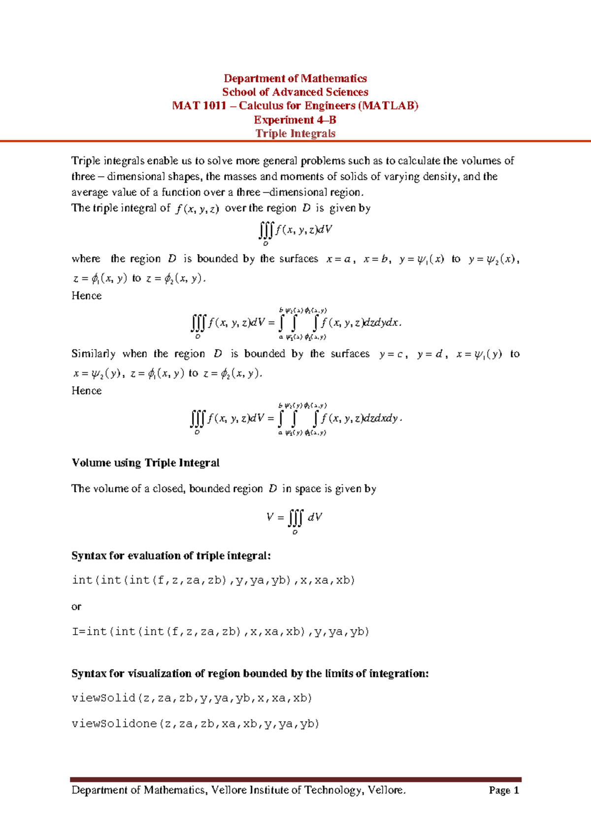 MAT1011 Calculus for Engineers: Triple Integrals Study Notes - Studocu