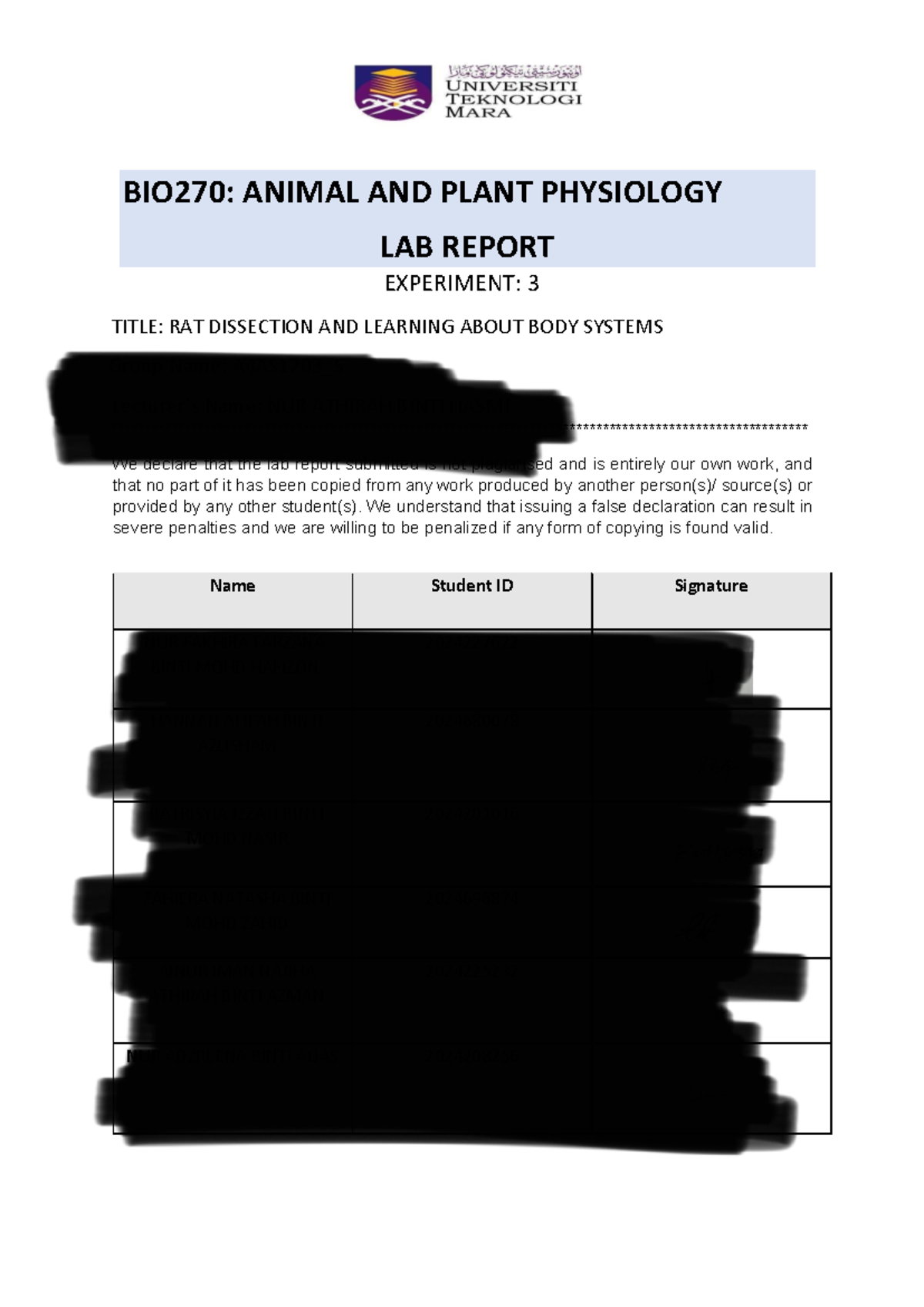 BIO270: Lab Report on Rat Dissection and Body Systems (Exp 3) - Studocu