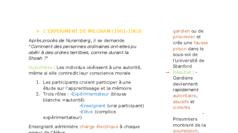 Résumé des Expériences de Milgram et Zimbardo (Psychologie) - Studocu