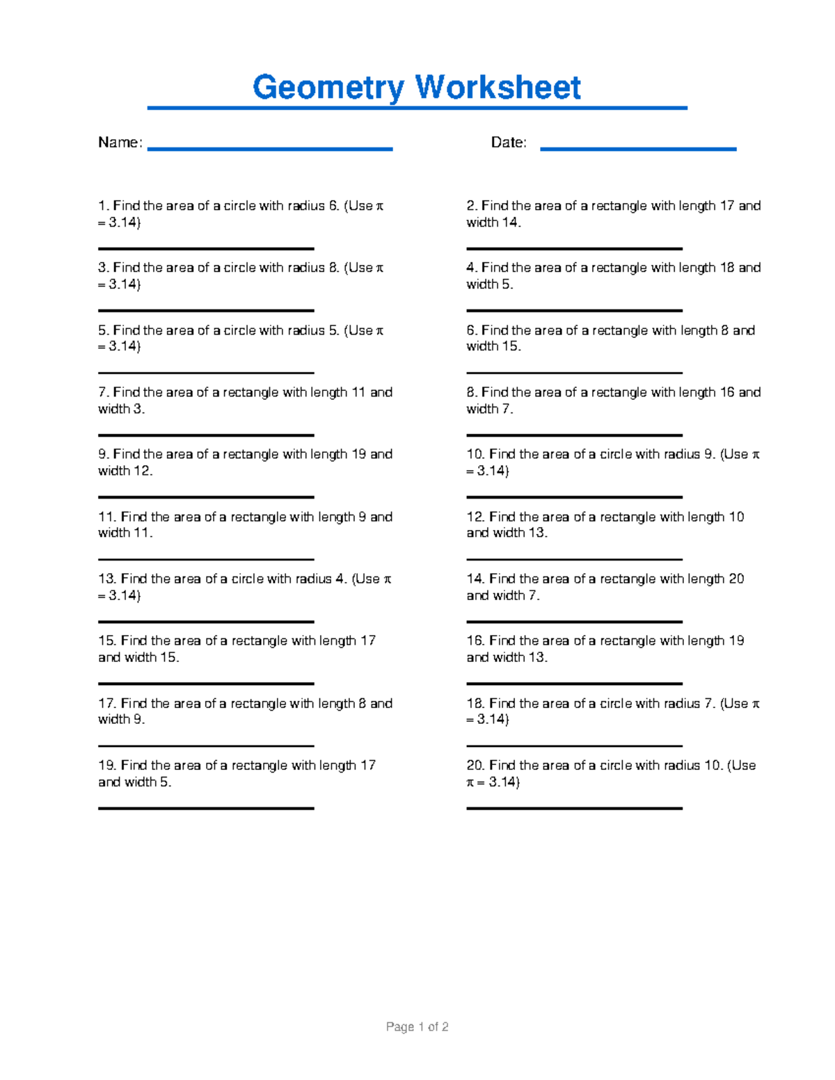 Geometry Worksheet 4 - Area Calculations for Circles & Rectangles - Studocu