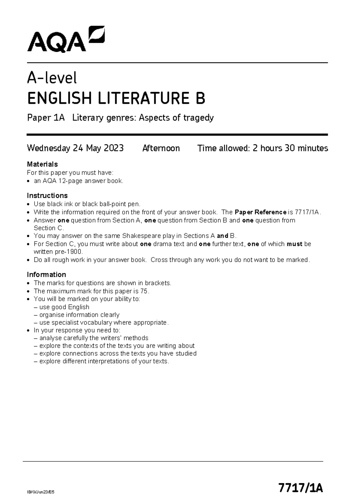 A-level English Literature B Paper 1A: Aspects of Tragedy - Studocu