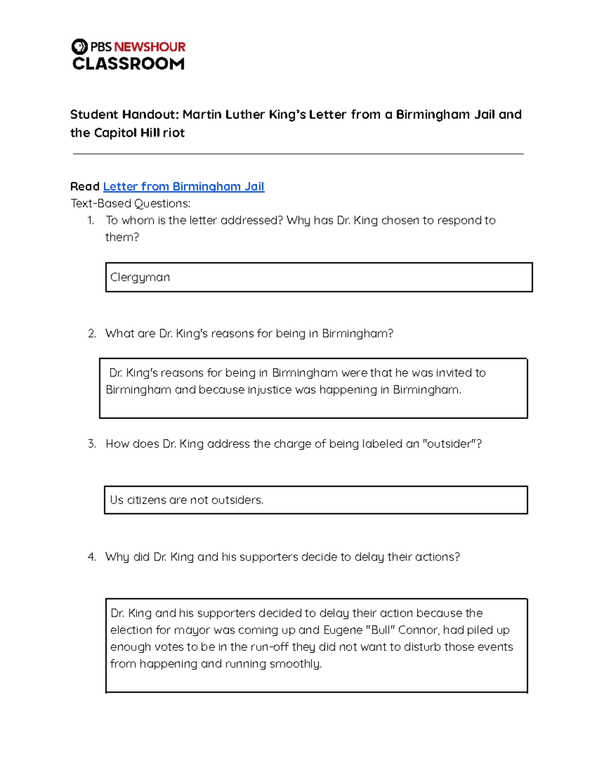 Student Handout: MLK's Letter from Birmingham Jail & Capitol Hill Riot ...