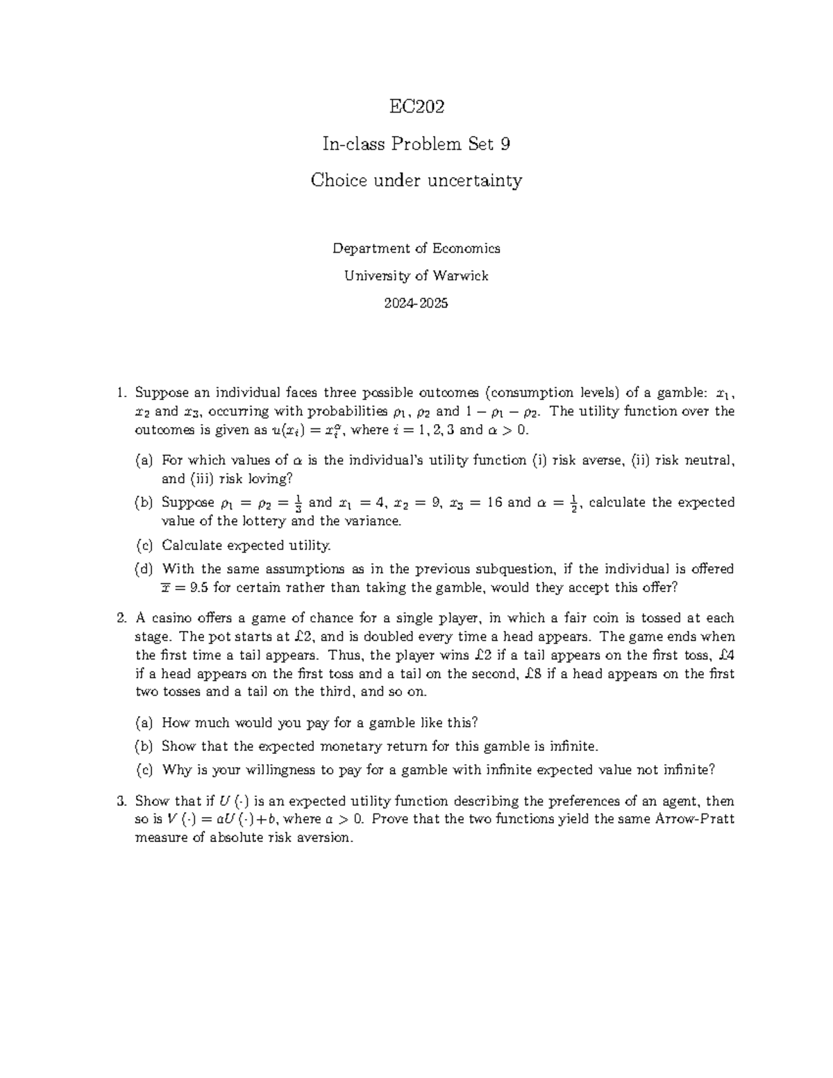 2024-2025 EC202 in-class PS9 - EC In-class Problem Set 9 Choice under uncertainty Department of ...