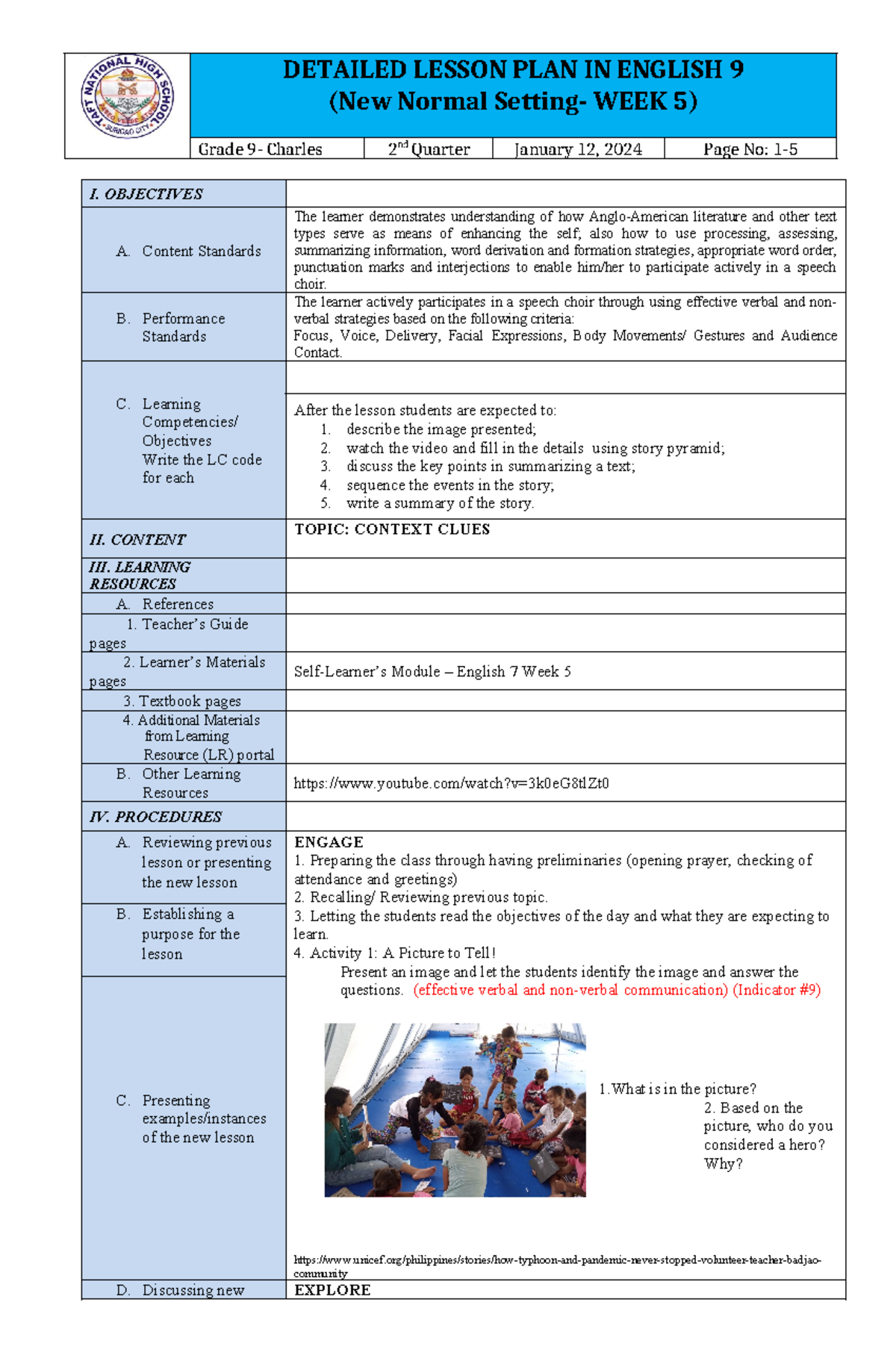 Detailed Lesson Plan: English 9 - Context Clues (Week 5) - Studocu