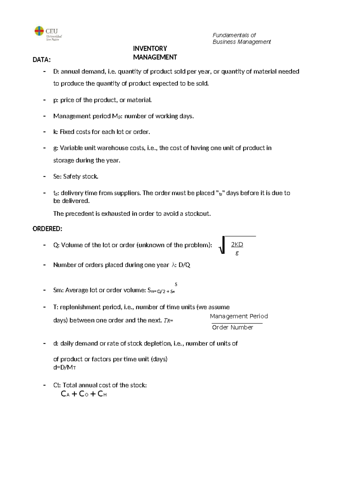 Inventory Management Formulas for Business Management (BMG101) - Studocu