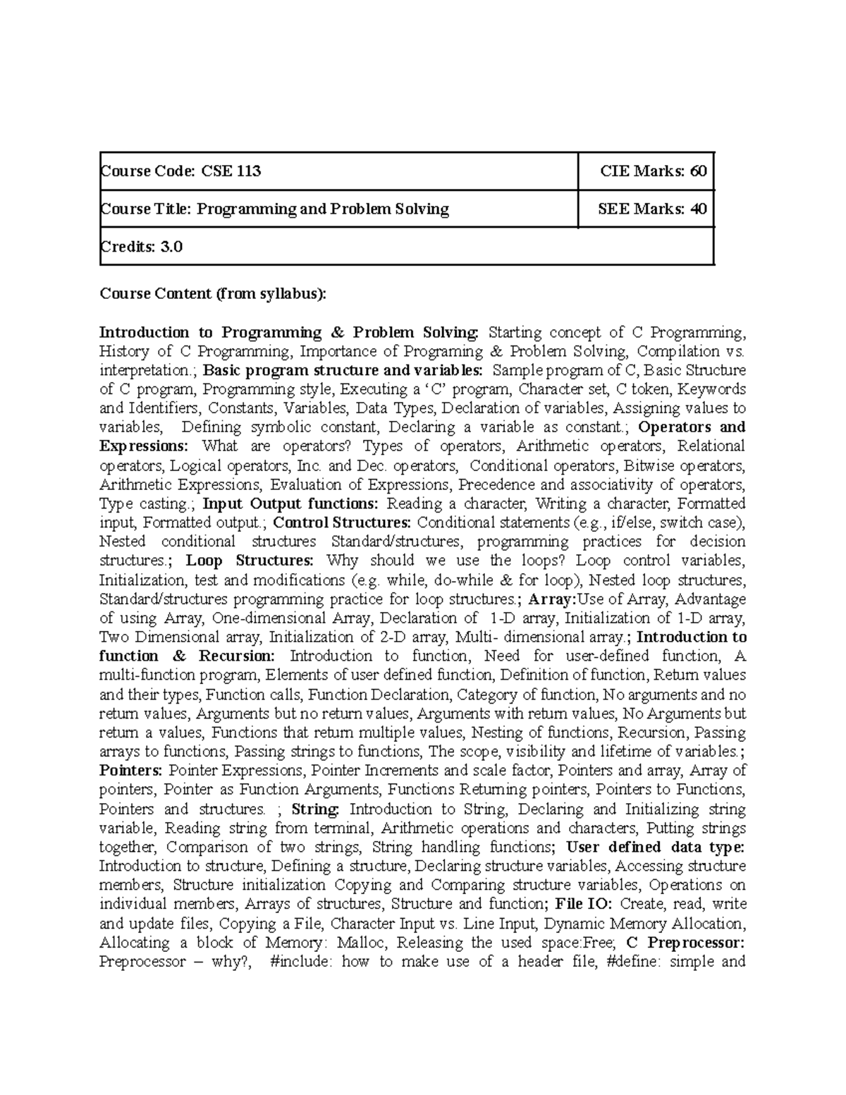 Course Outline - CSE 113: Programming & Problem Solving Syllabus - Studocu