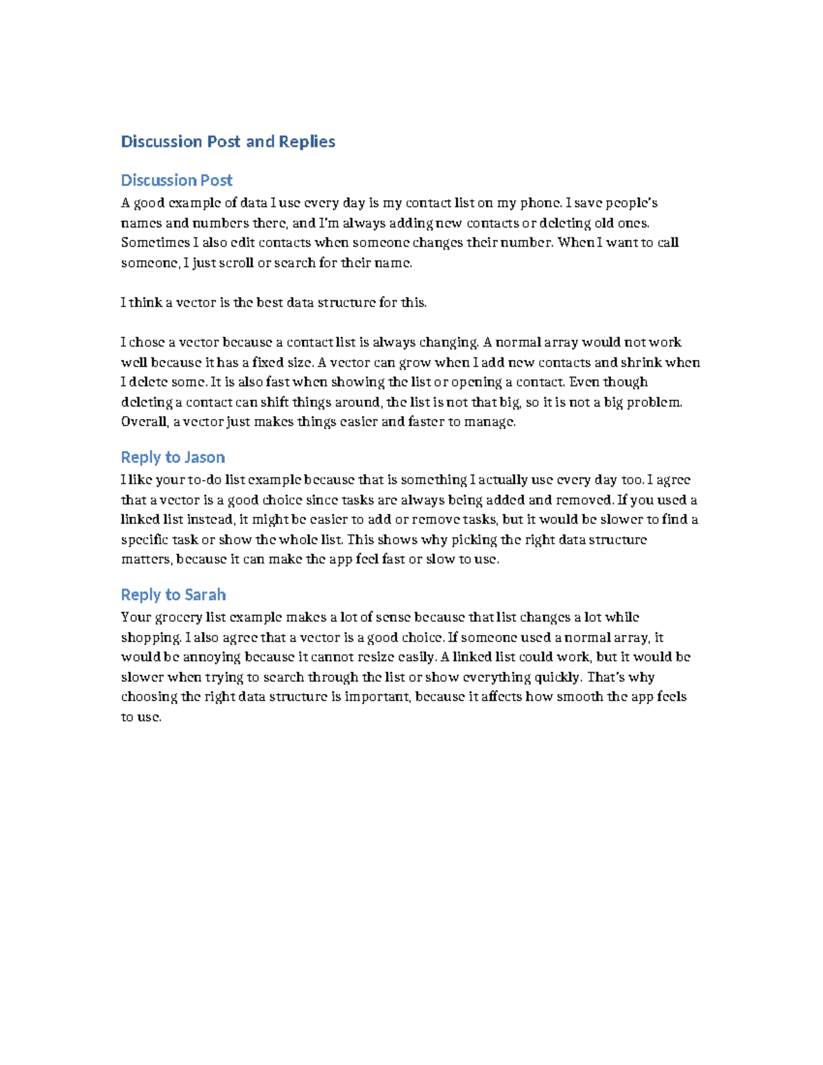 Discussion Post: Data Structures and Vector Usage - Studocu