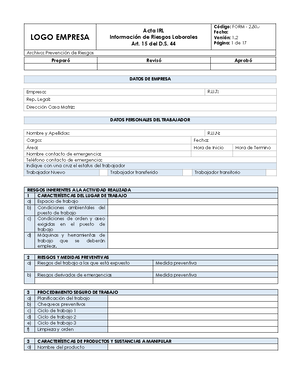 Prueba de Evaluación de Capacitación IRL D.S. 44 - Test Final - Studocu