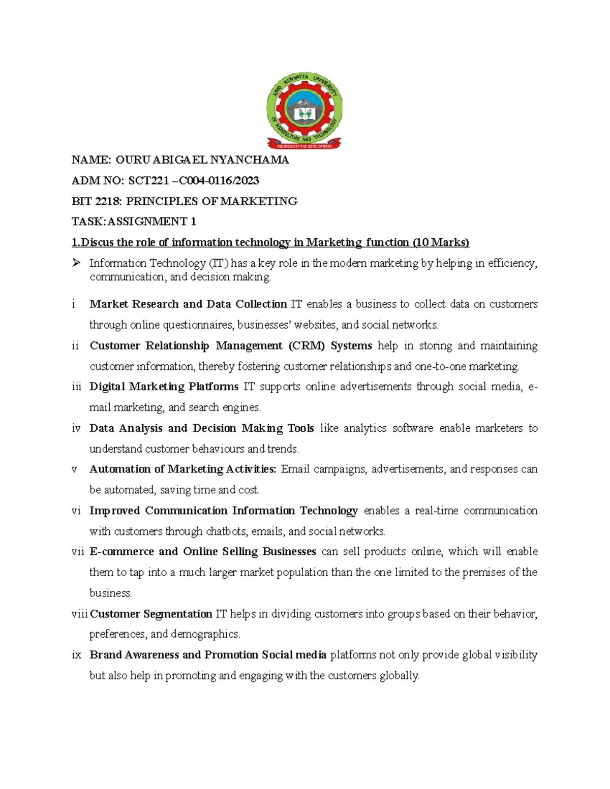 BIT 2218: Principles of Marketing Assignment on IT's Role & Branding ...