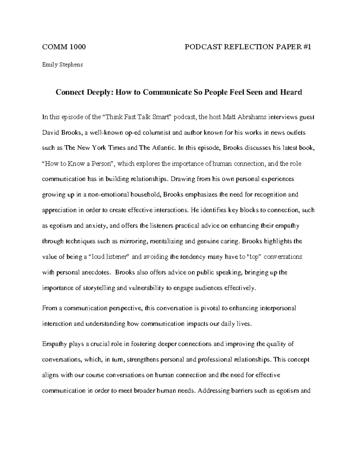 COMM 1000 Podcast Reflection Paper #1: Enhancing Empathy ...