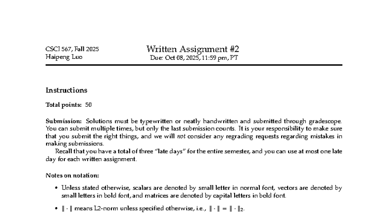 CSCI 567: Fall 2025 Written Assignment 2 - Due Oct 08, 2025 - Studocu