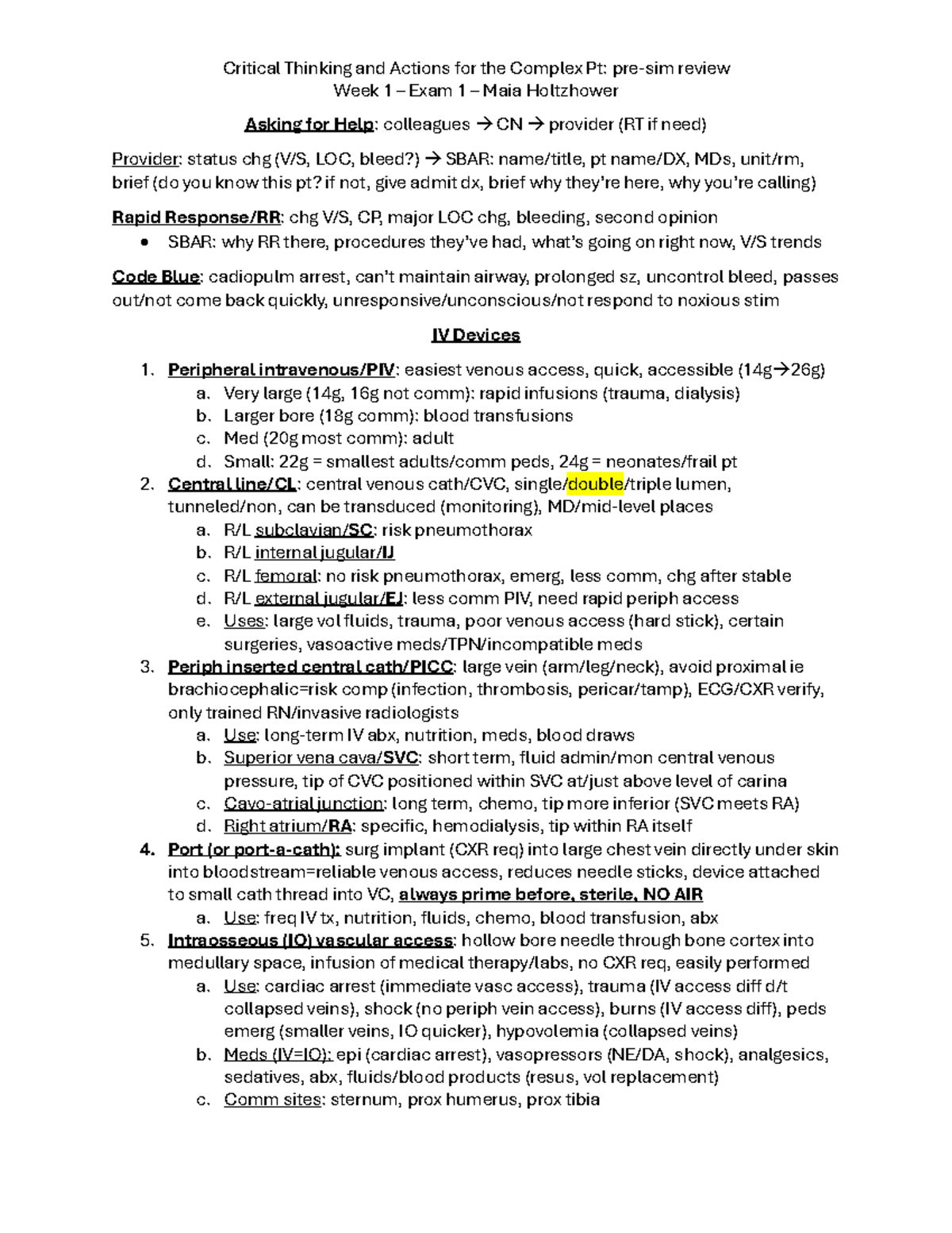Complex Patient Week 1 Review: Critical Thinking & Actions - Studocu