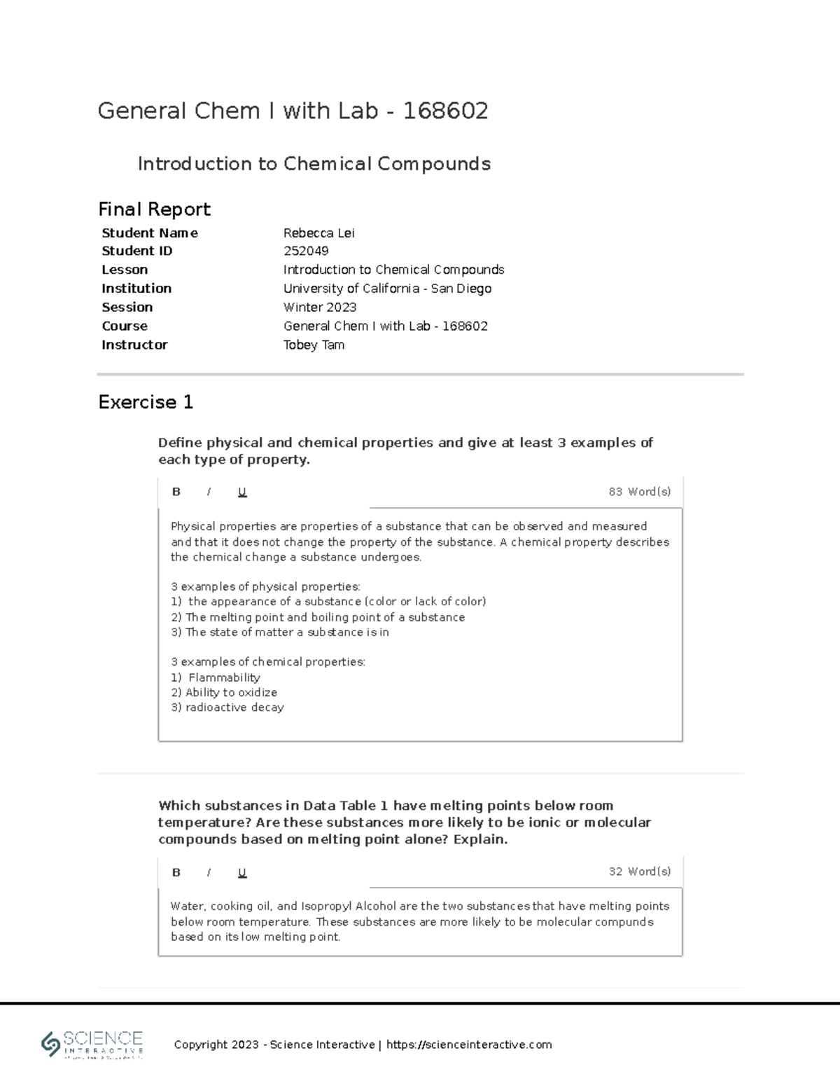 General Chem I w/ Lab 168602: Intro to Chemical Compounds Report - Studocu