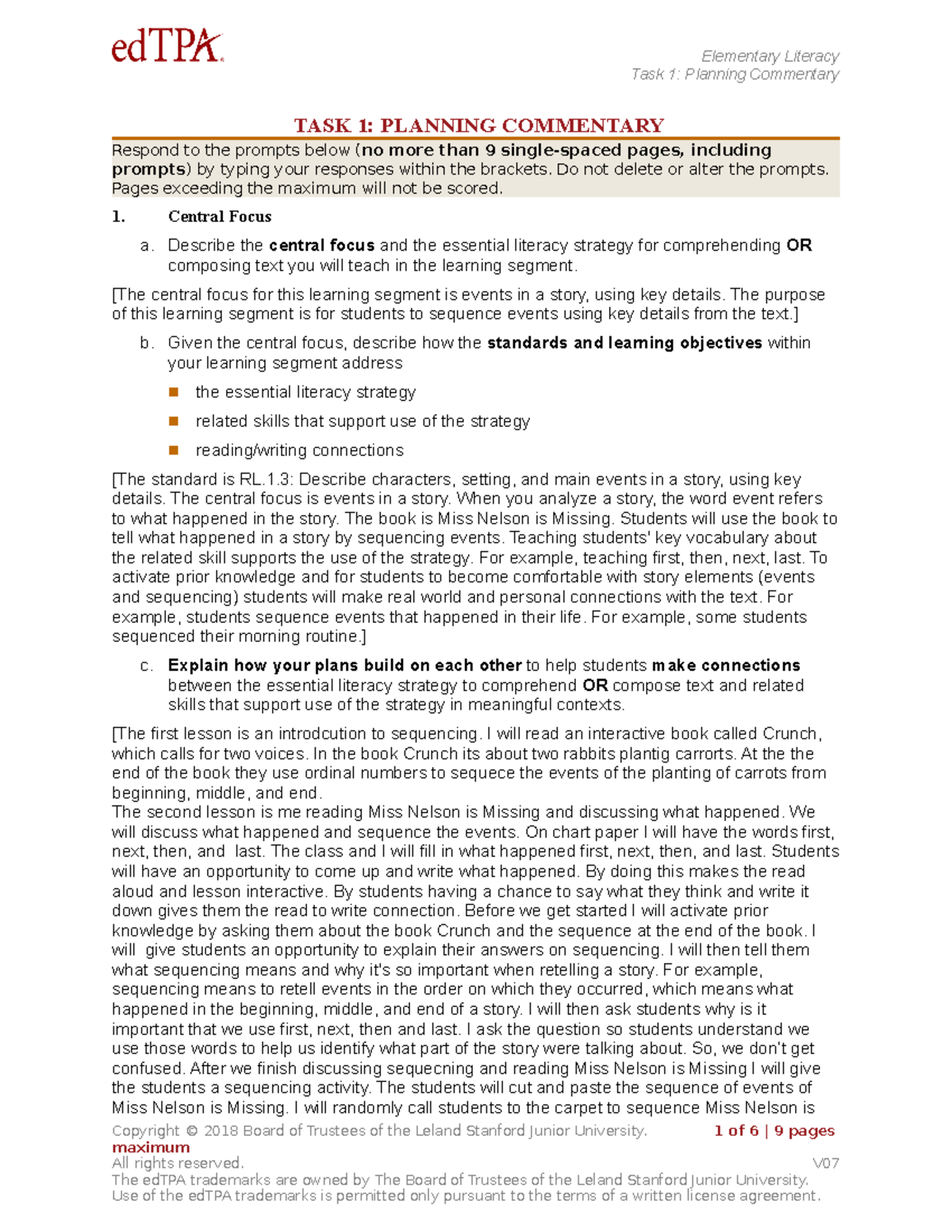 Task 1: Planning Commentary for edTPA - Sequencing Events in Stories ...