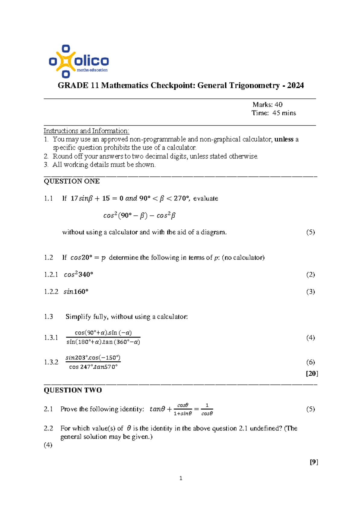 Grade 11 Mathematics Checkpoint: General Trigonometry 2024 - Studocu