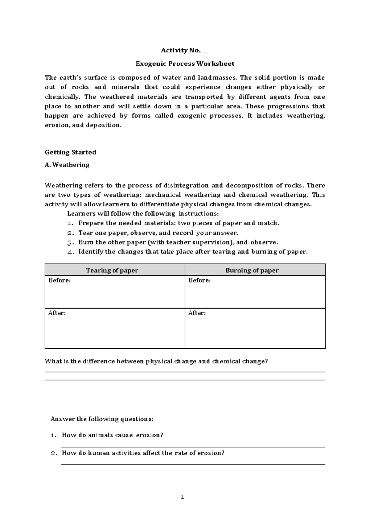 Exogenic Processes Worksheet: Weathering, Erosion, and Mass Movements ...