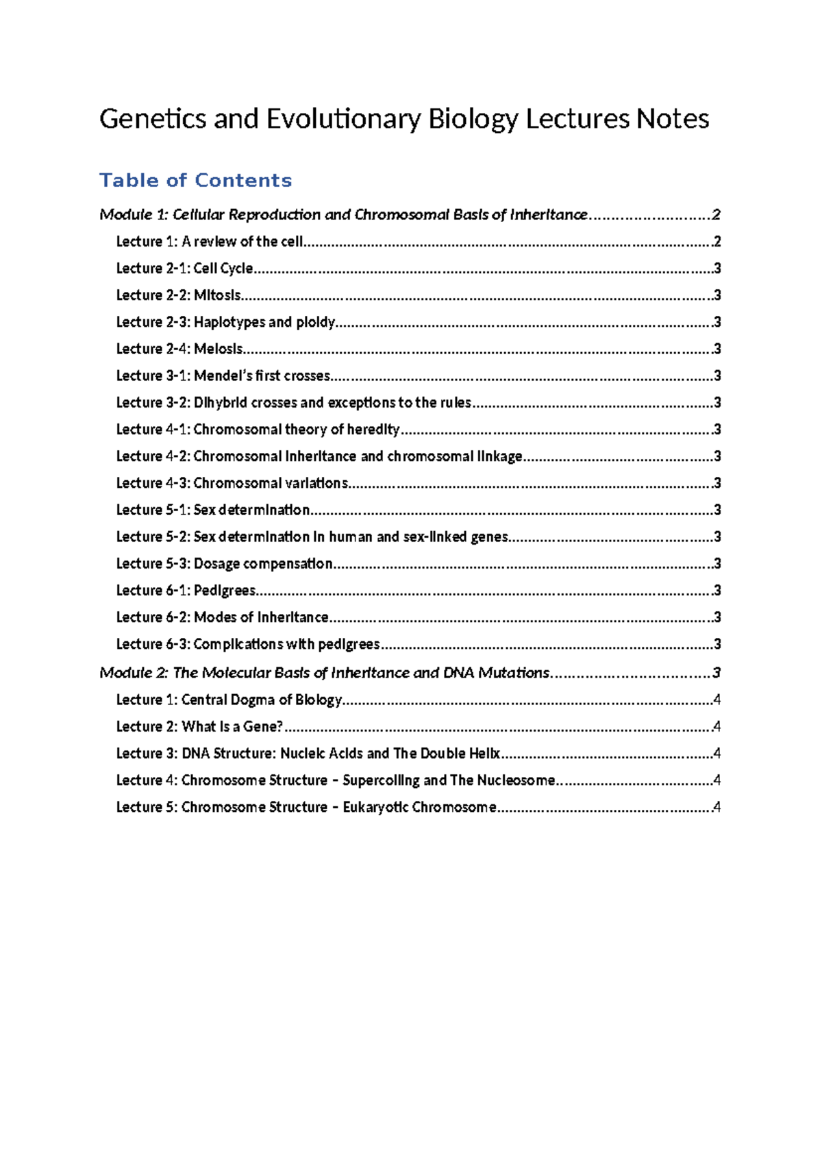 Genetics and Evolutionary Biology Lectures Notes ...