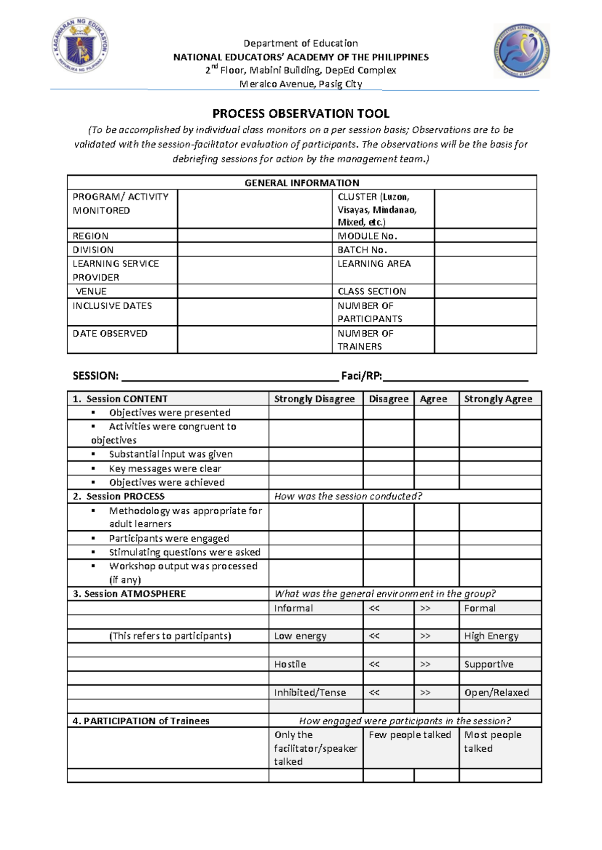 Process Observation TOOL (Standard) - Department of Education NATIONAL ...