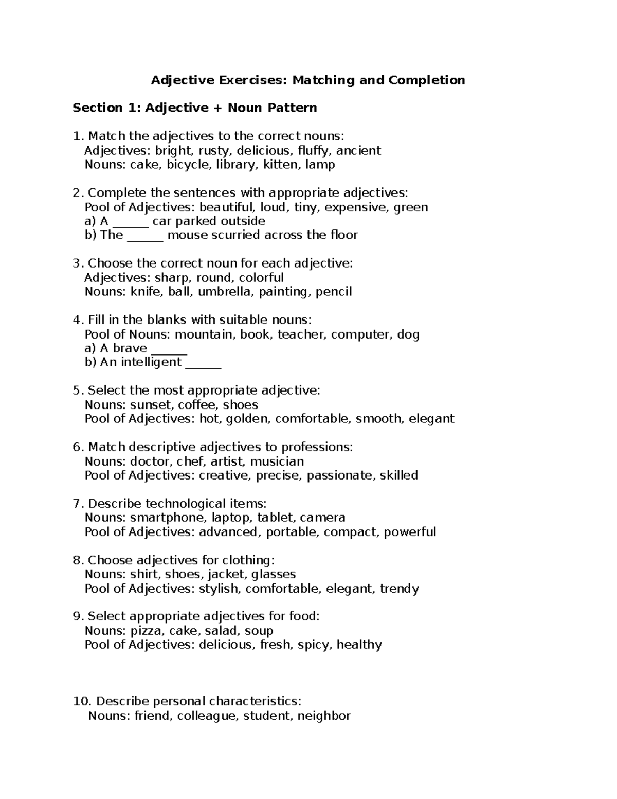 Adjective Exercises - ejercicios - Adjective Exercises: Matching and ...