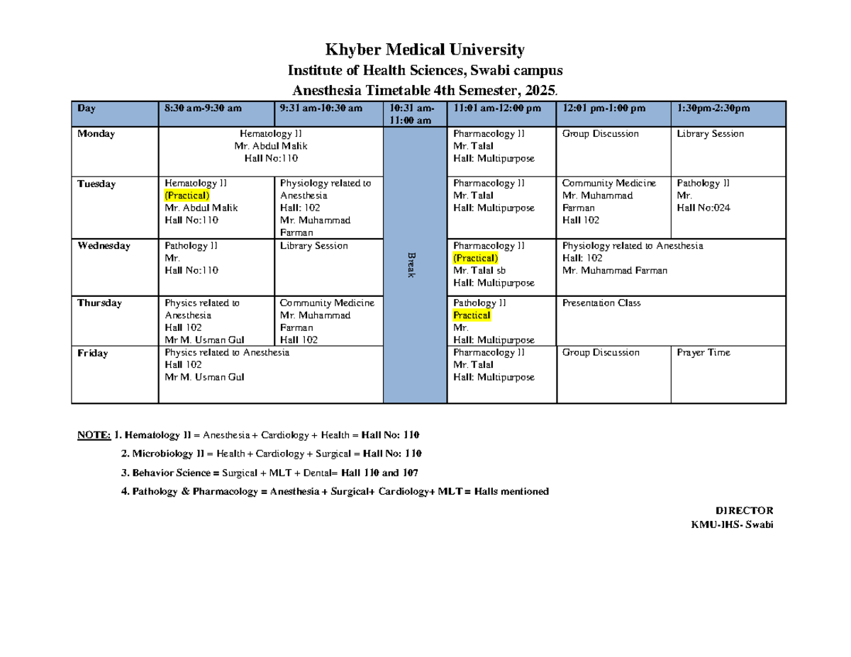 Anesthesia Timetable for 4th Semester (2025) - Khyber Medical ...