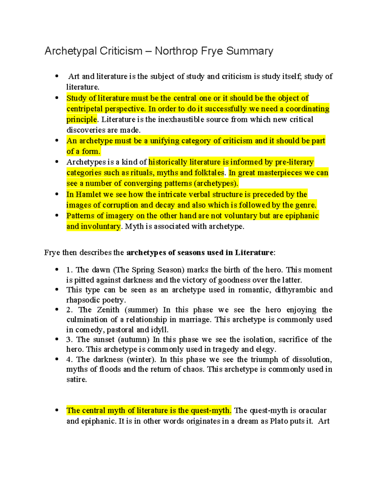 Archetypal Criticism Summary: Insights from Northrop Frye - Studocu