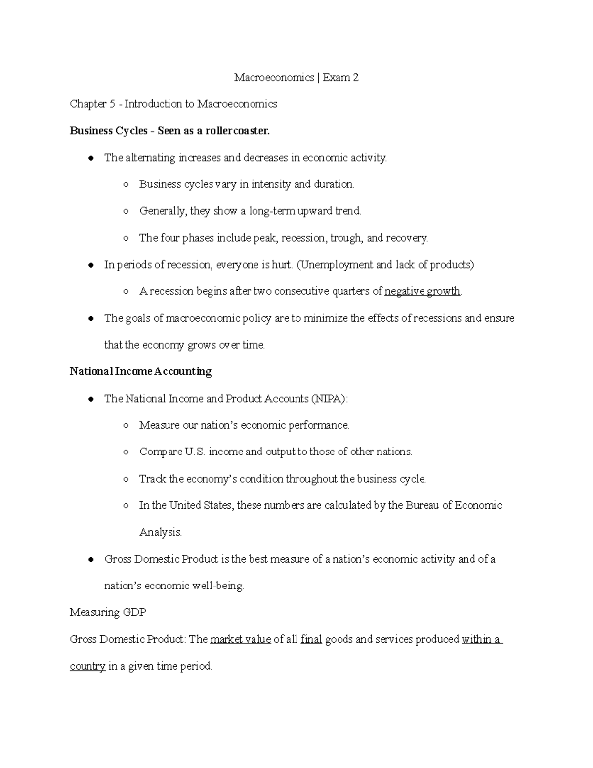 Macroeconomics Exam 2 Notes: Business Cycles, GDP, Inflation ...