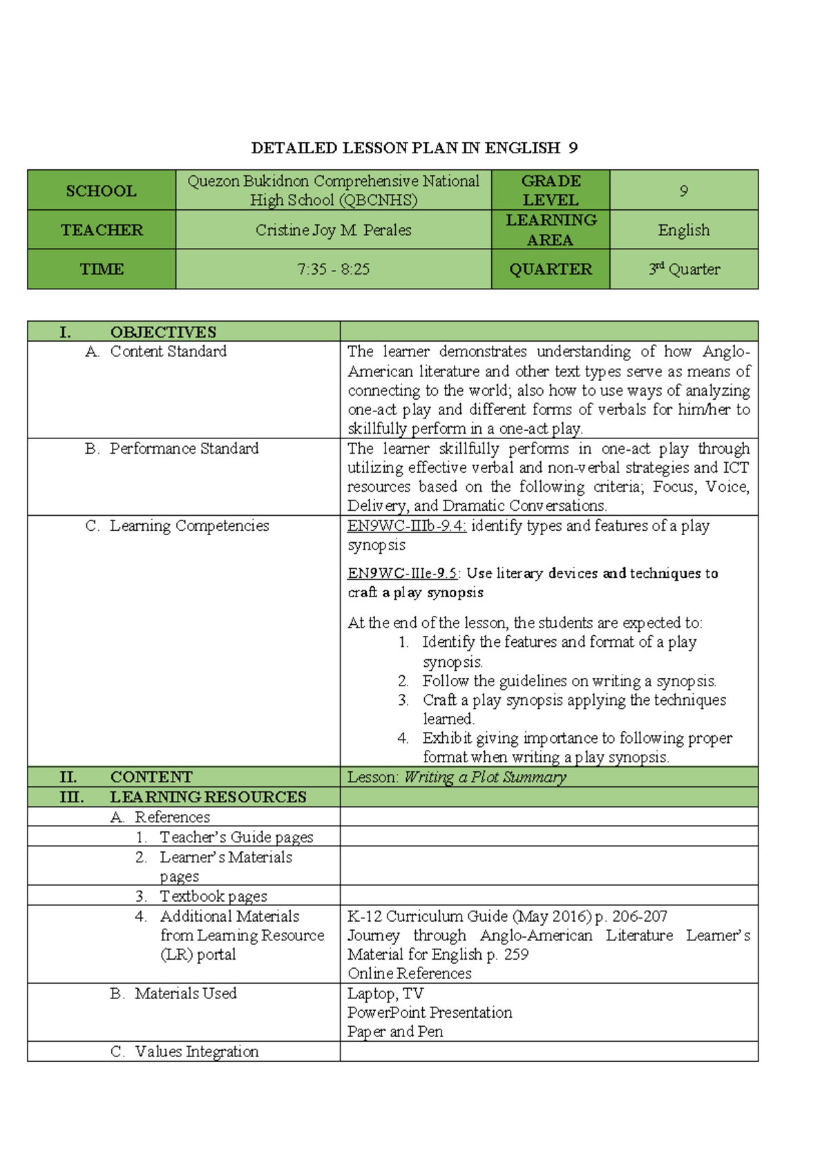DLP: Writing a Play Synopsis for English 9 - QBCNHS - Studocu