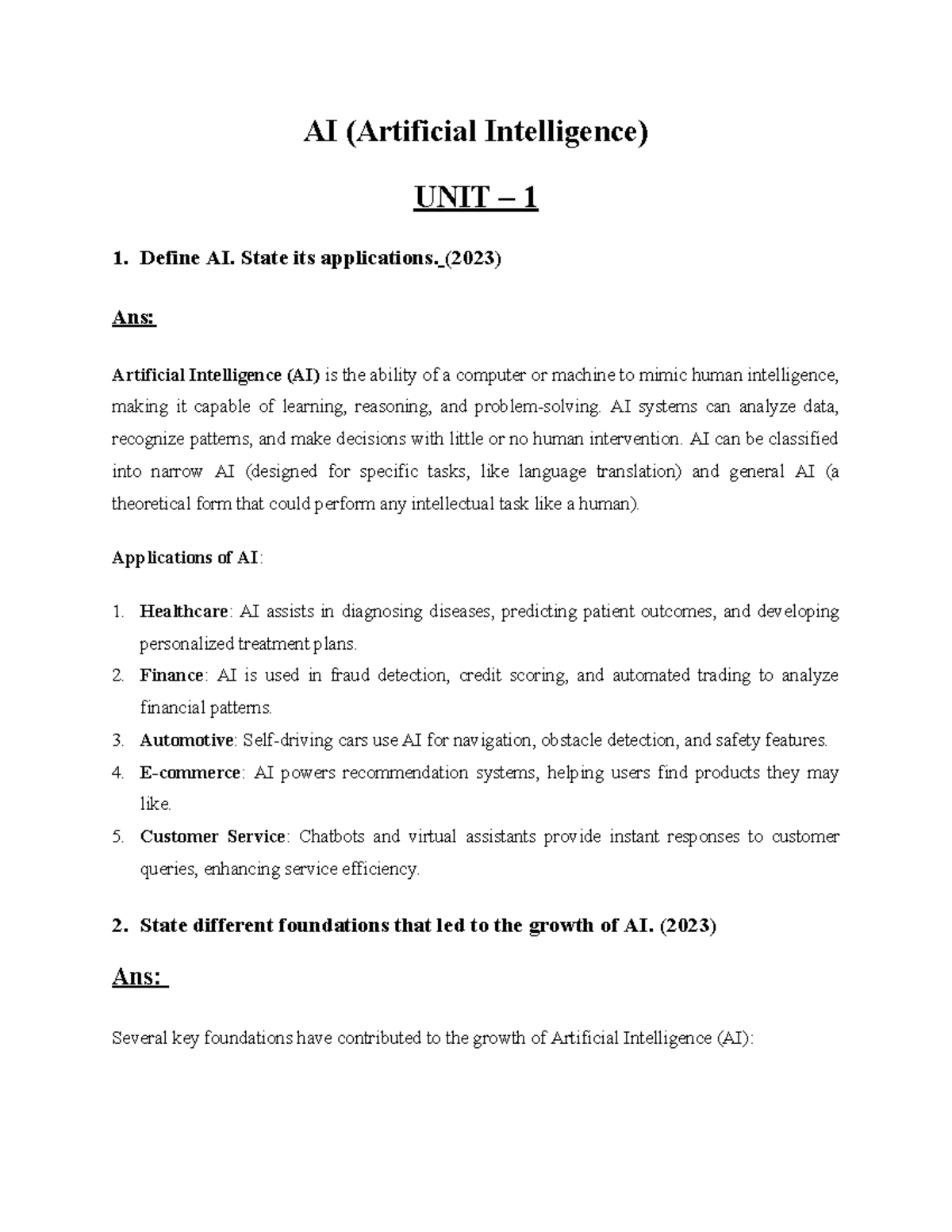 AI UNIT 1: Understanding AI, Its Applications, and Key Concepts (2023 ...
