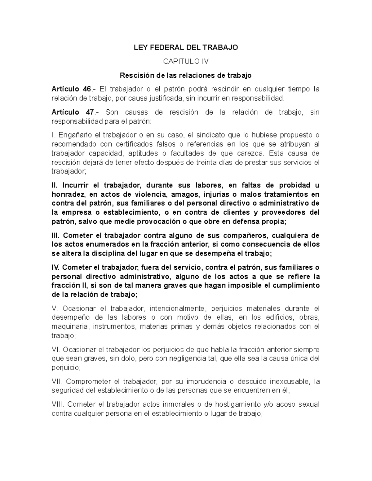 LEY Federal del Trabajo: Art 47 - Causas de Rescisión Laboral - Studocu