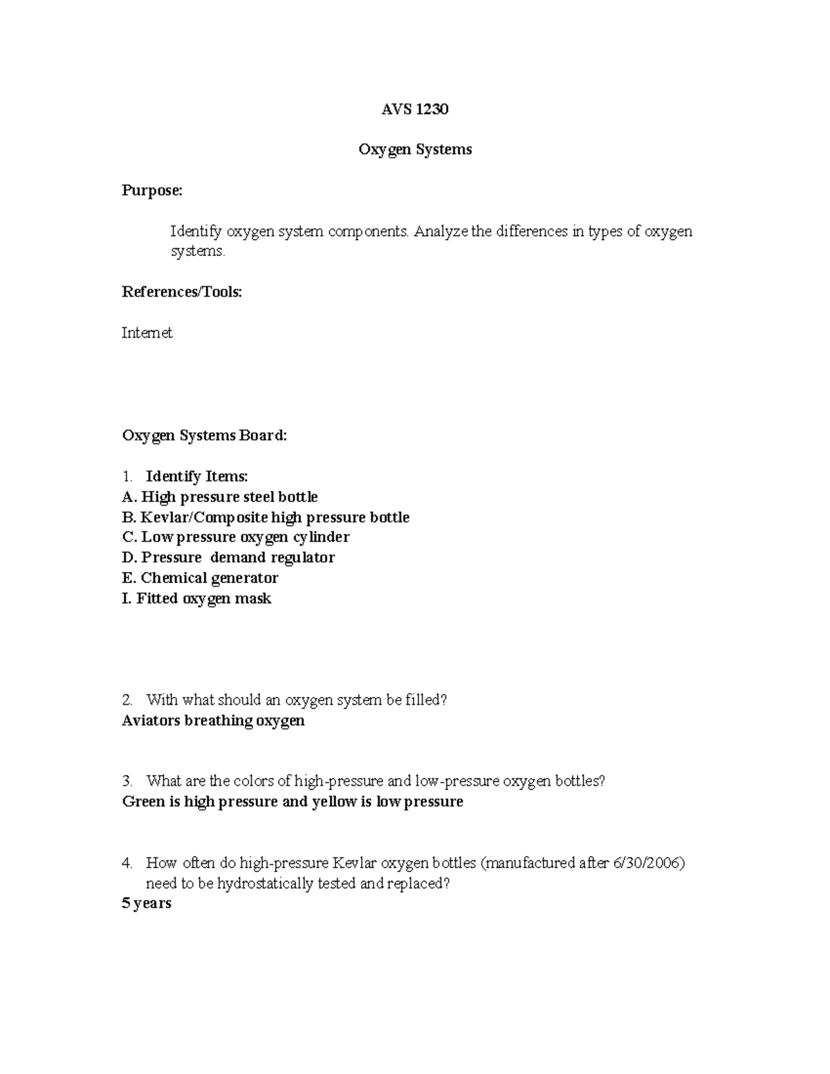AVS 1230 Oxygen Systems Overview - Aircraft Systems Lab 2024F - Studocu