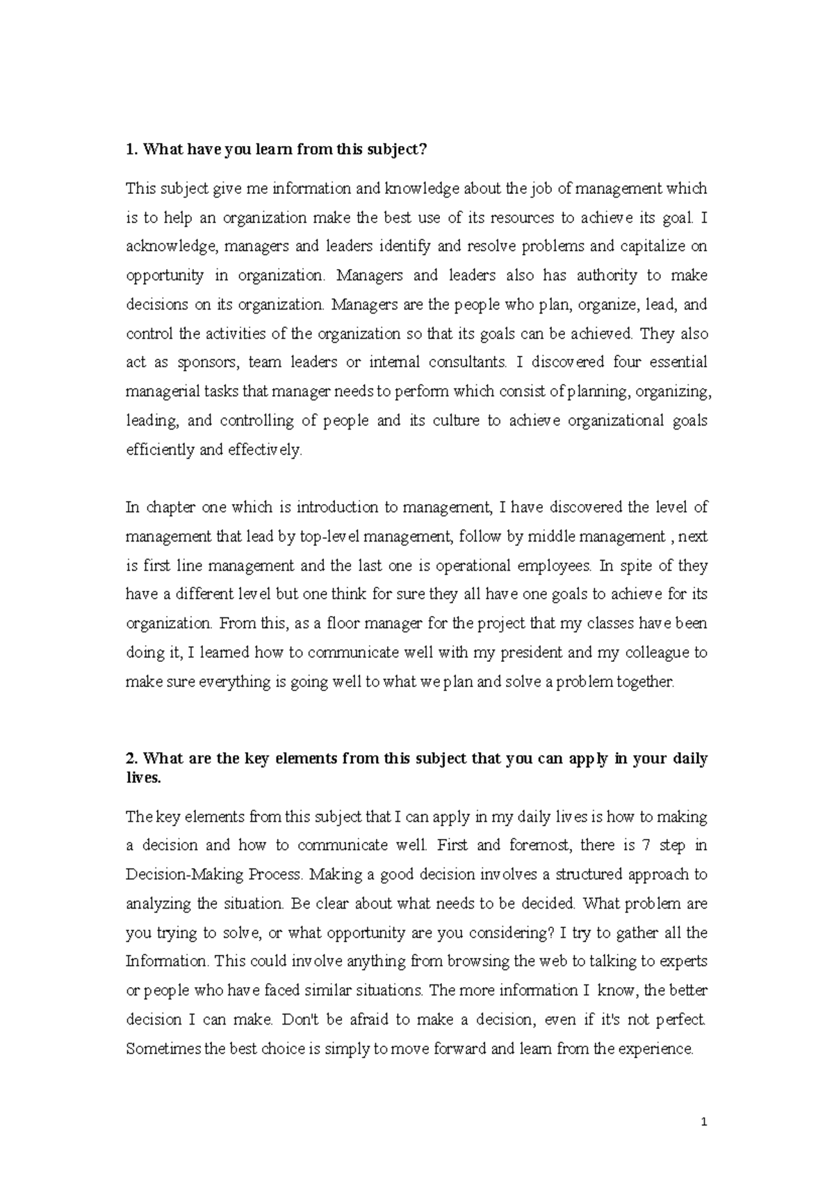 MGT400 Individual Assignment: Reflections on Management Skills Learned ...