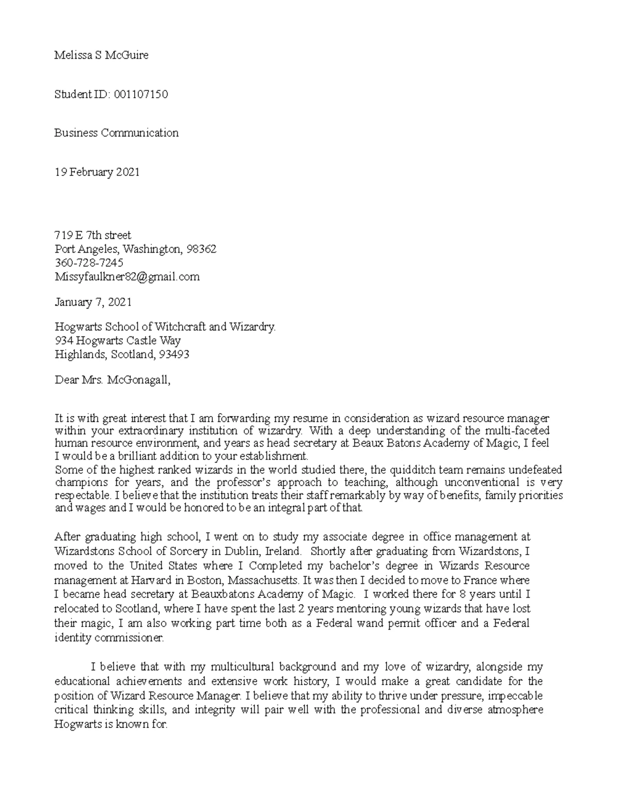 C716 Cover Letter and Resume TASK 2 - C716 BUSINESS COMMUNICATION COVER ...